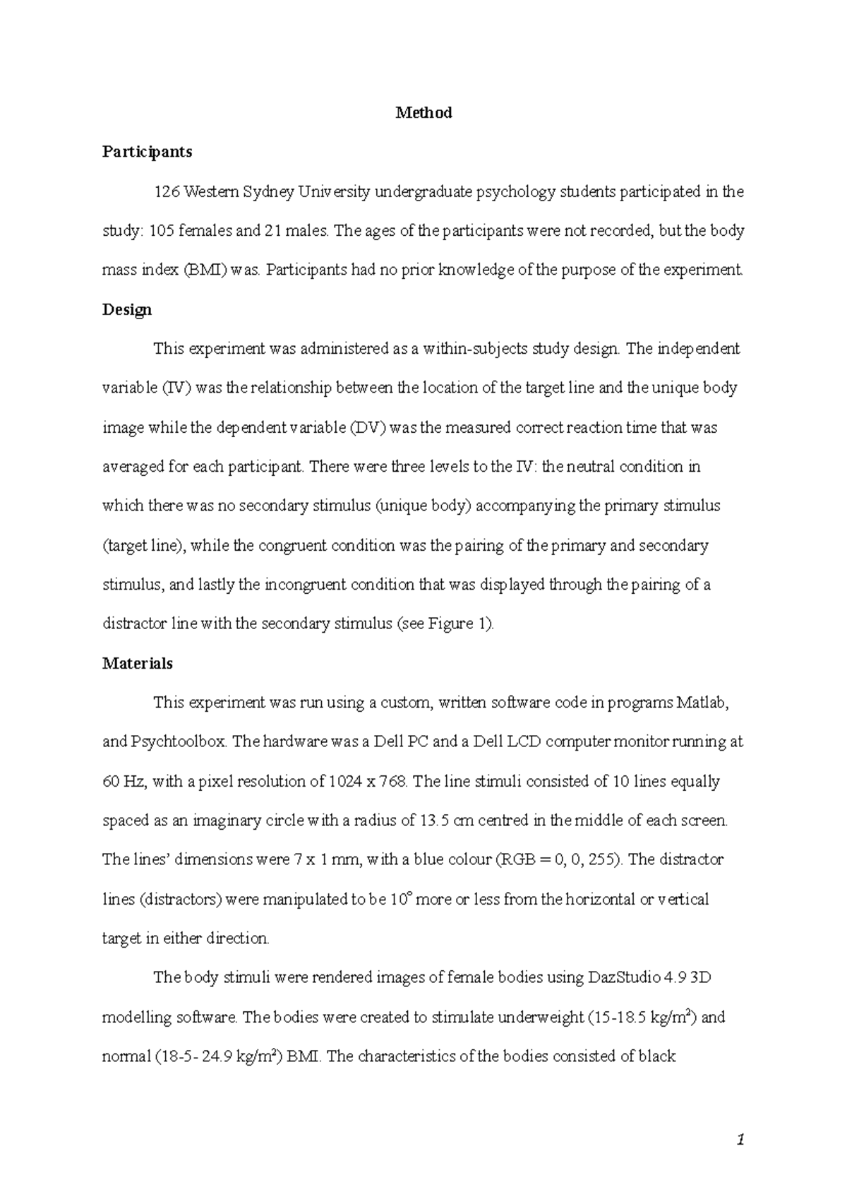 Perception Report 1 - Method Participants 126 Western Sydney University ...