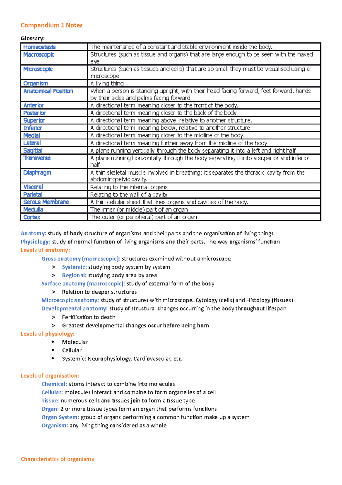 HUMB1000 Compendium 1 Notes - Compendium 1 Notes Glossary: Homeostasis ...