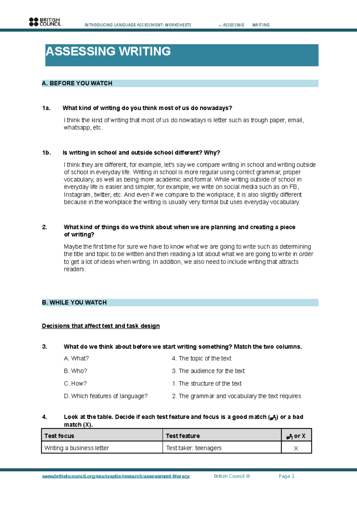Assessing Writing - ASSESSING WRITING A. BEFORE YOU WATCH 1a. What kind ...