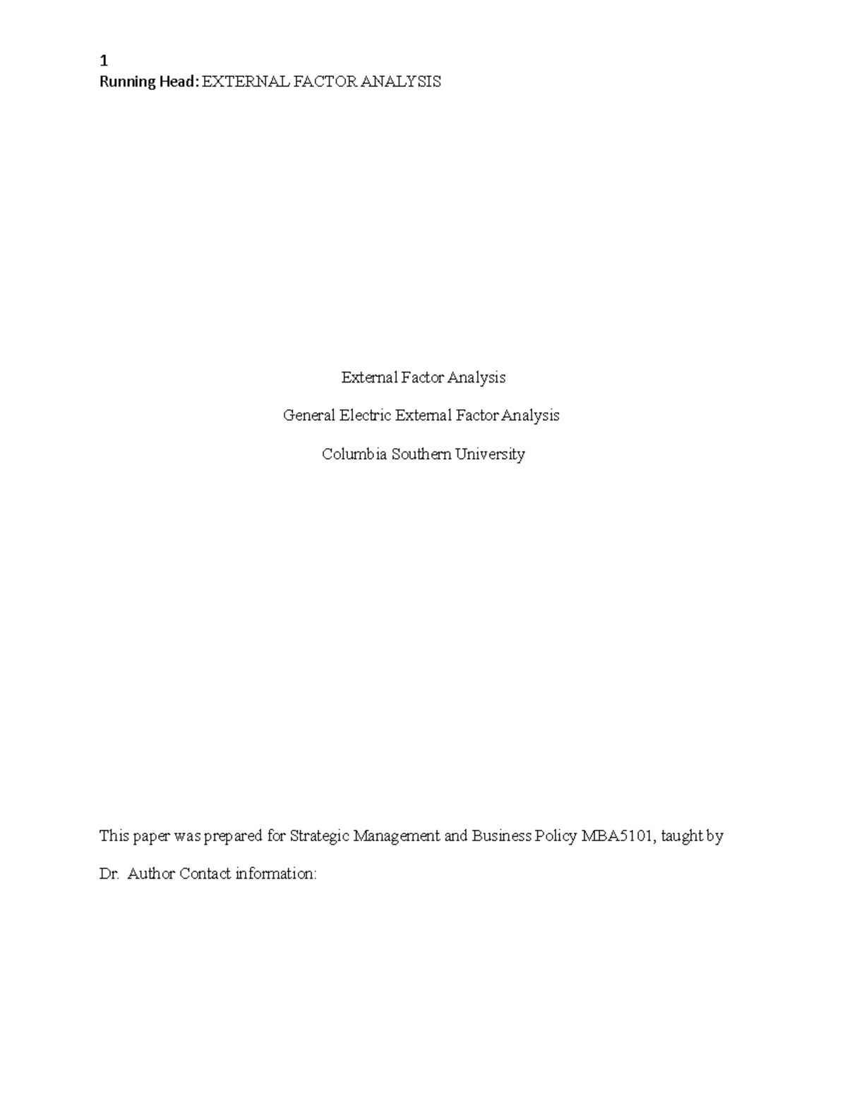 General Electric EFAS 2 - Running Head: EXTERNAL FACTOR ANALYSIS ...