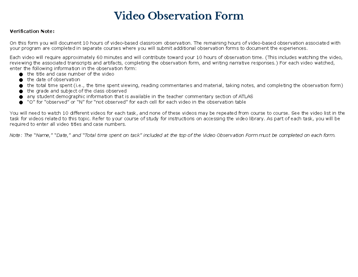 Class Management - notes - Video Observation Form Verification Note: On ...