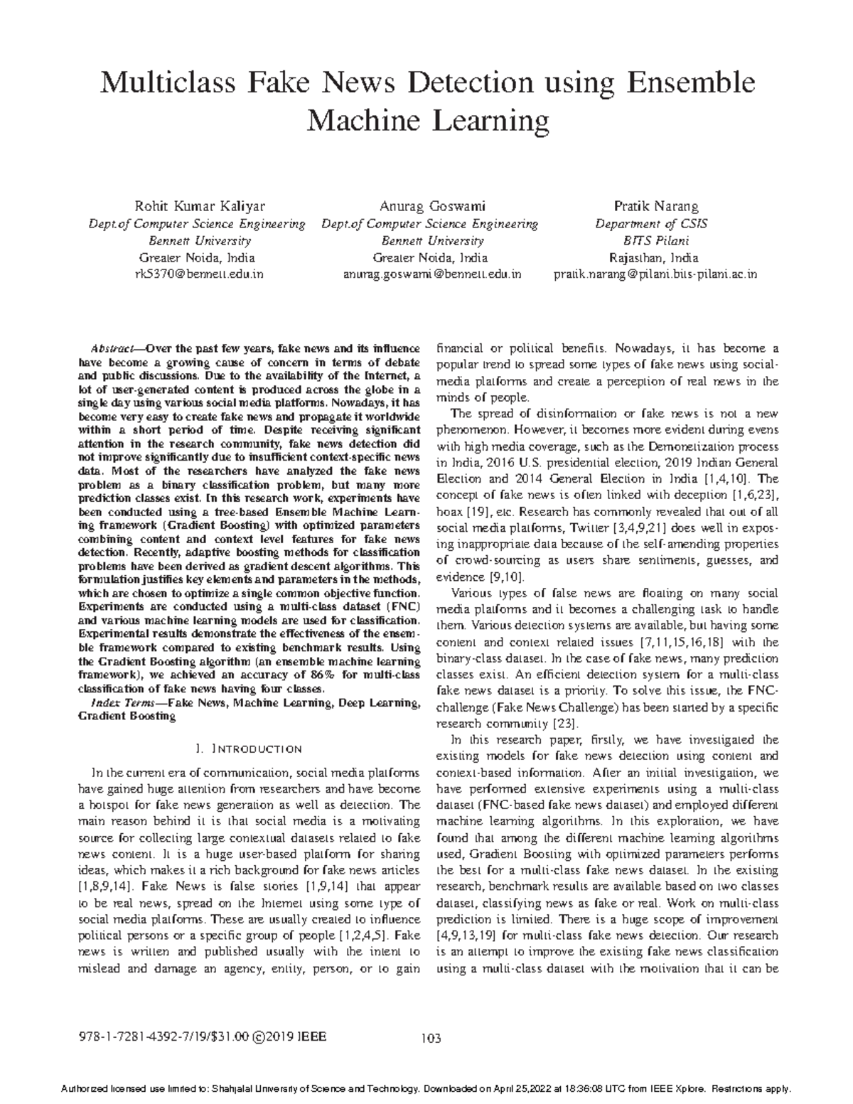 Multiclass Fake News Detection using Ensemble Machine Learning ...