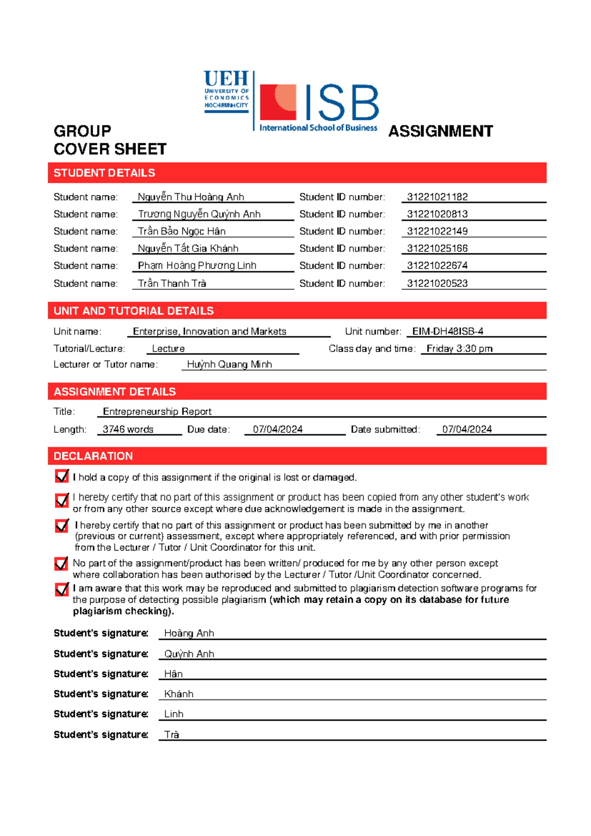 EIM4 ISB K48 S223 24 G2 Final Report - GROUP ASSIGNMENT COVER SHEET STUDENT DETAILS Student name ...