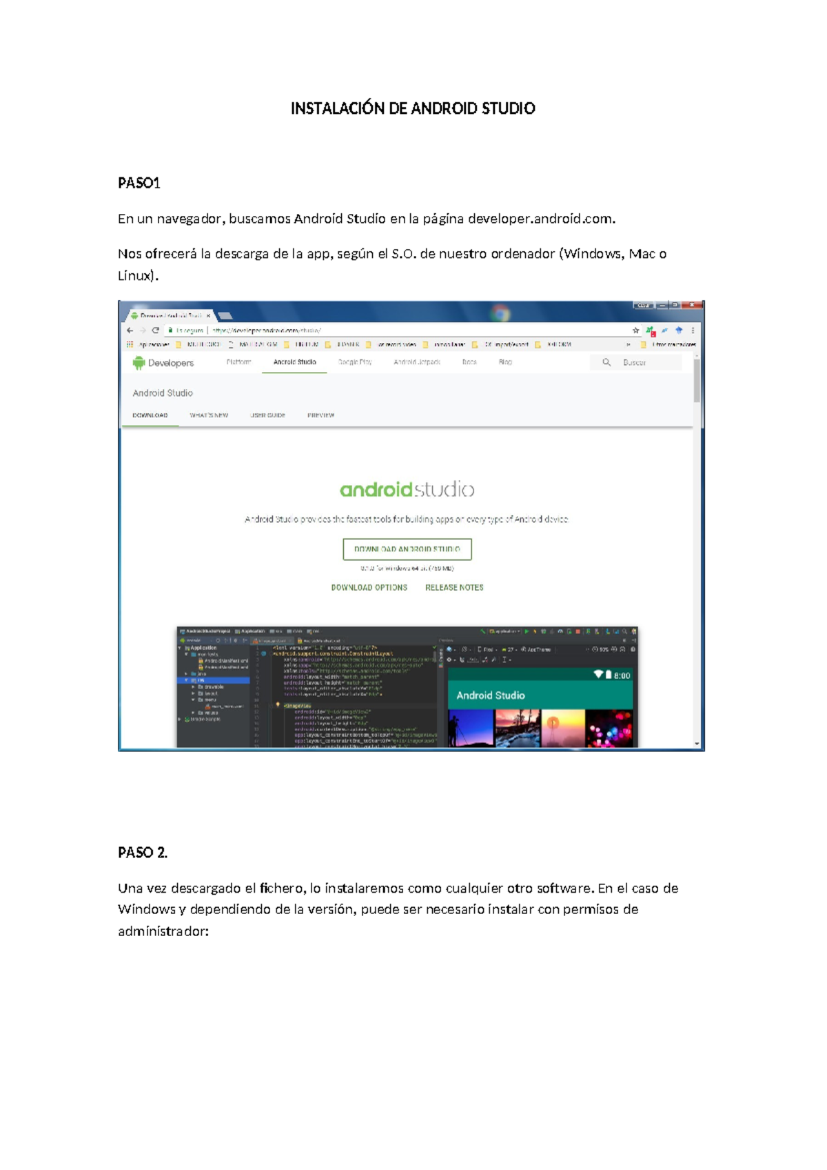 Instalacion android studio - INSTALACIÓN DE ANDROID STUDIO PASO En un navegador, buscamos ...