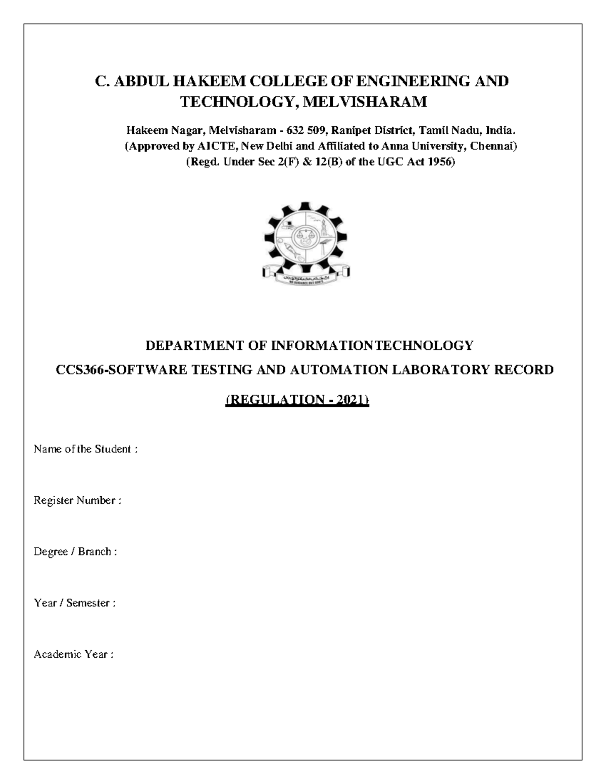 Ccs366 STA manual - C. ABDUL HAKEEM COLLEGE OF ENGINEERING AND ...