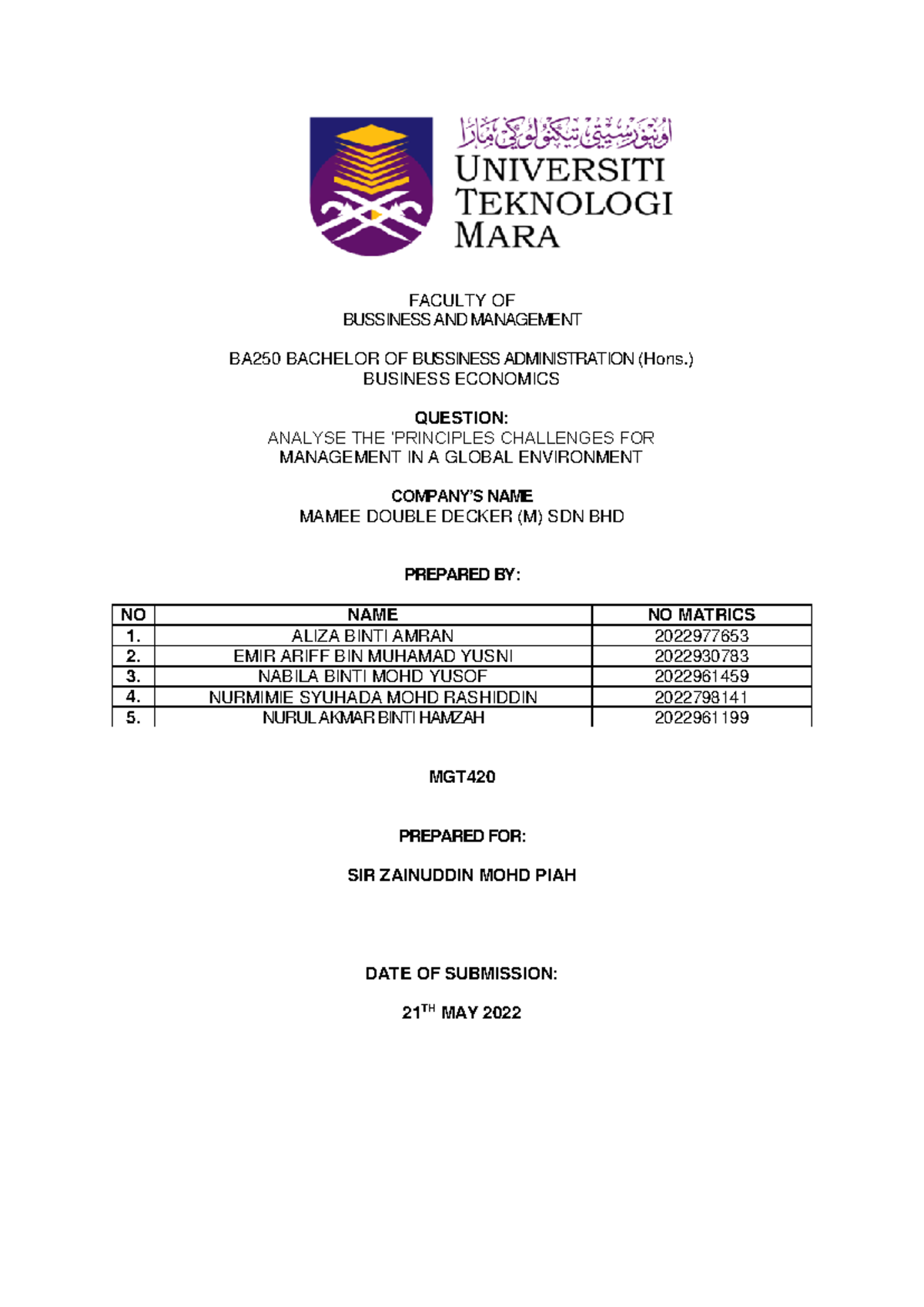 Group 1 K BA250 1A ( Mamee) - FACULTY OF BUSSINESS AND MANAGEMENT BA250 ...