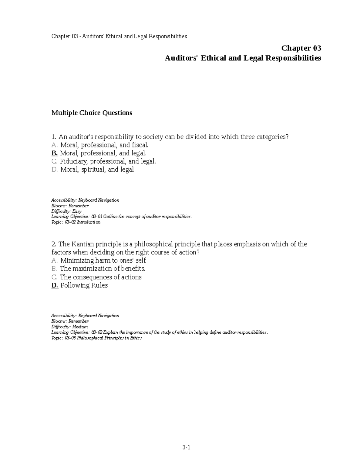 Chap003 - CH3 - Chapter 03 Auditors' Ethical and Legal Responsibilities Multiple Choice ...