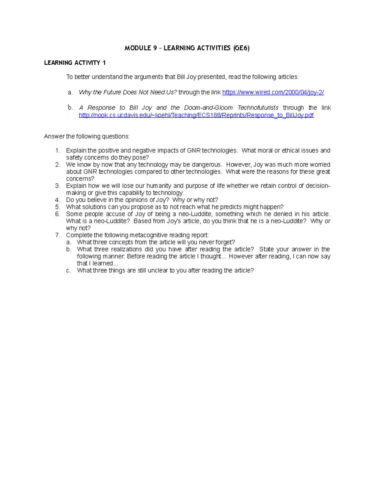 Module 9-Learning Activities GE6 - MODULE 9 – LEARNING ACTIVITIES (GE6) LEARNING ACTIVITY 1 To ...