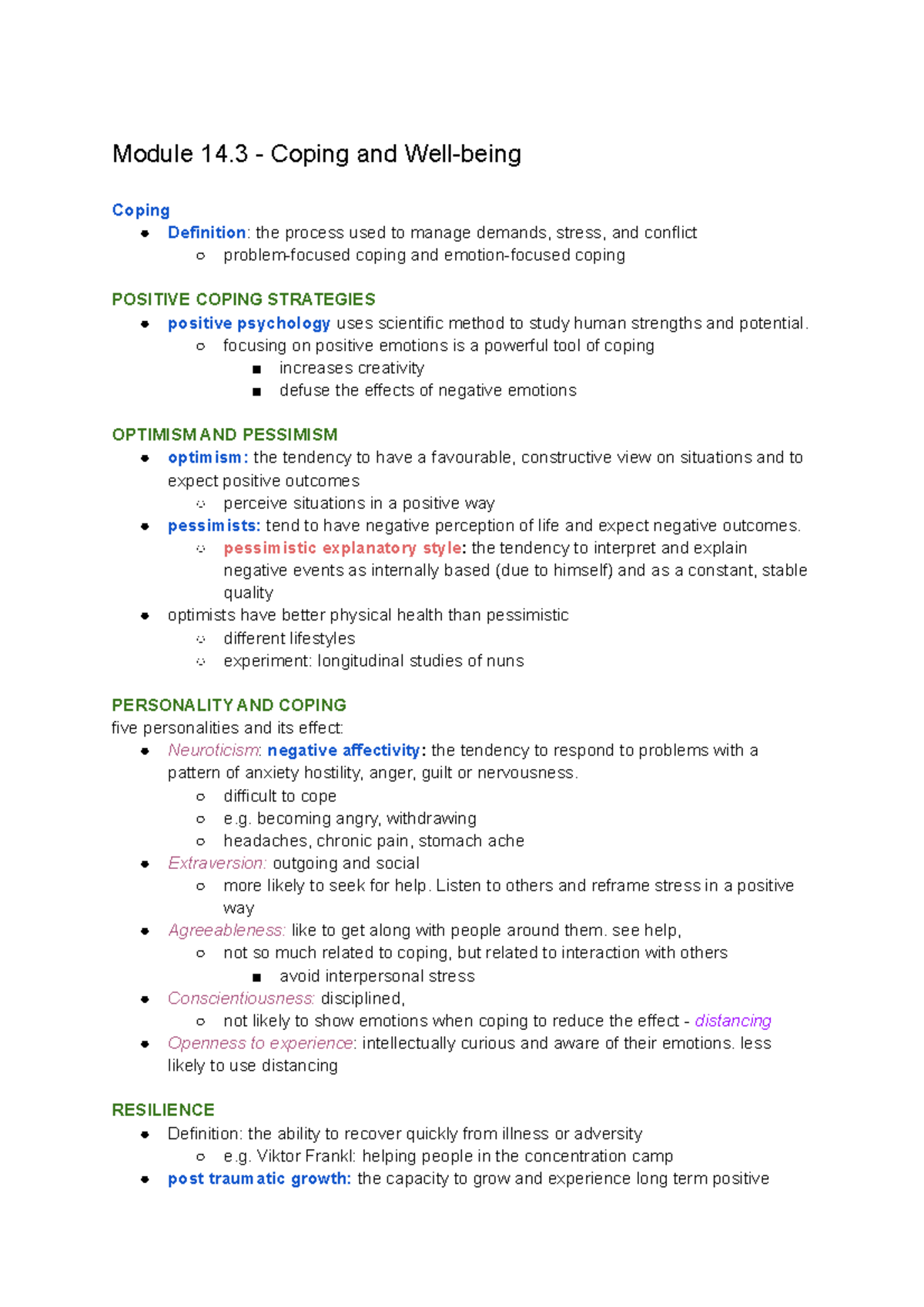 PSY100H1 UTSG Reading Notes Module 14.3 - Coping and Well-being ...