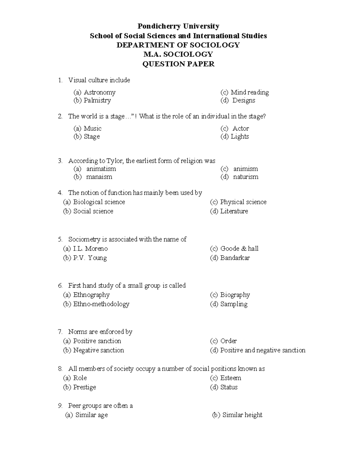 Sociology Question paper 2 - School of Social Sciences and ...