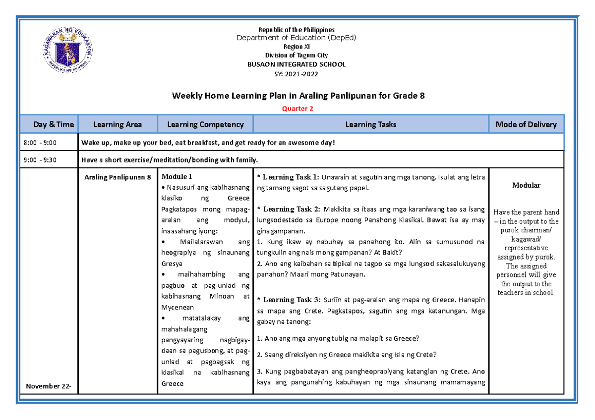 AP 8 WWP Q2 - DLL - Weekly Home Learning Plan in Araling Panlipunan for Grade 8 Quarter 2 Day ...