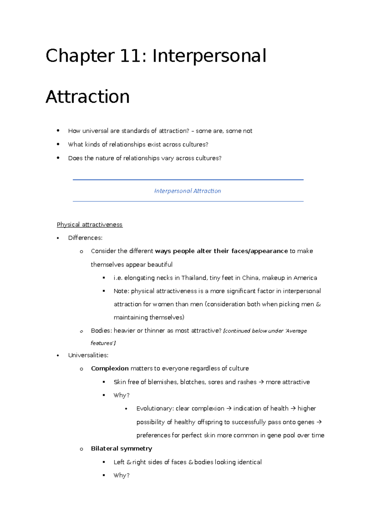 Chapter 11 - Chapter 11: Interpersonal Attraction How universal are ...