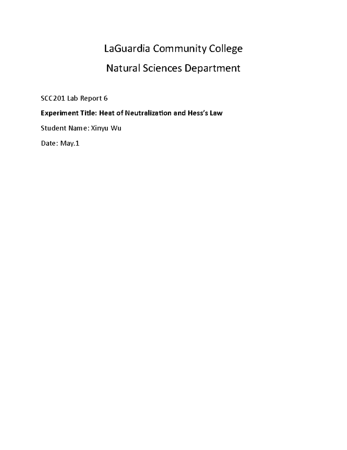 SCC201 Lab6 Calorimetry Lab Template 35P - LaGuardia Community College ...