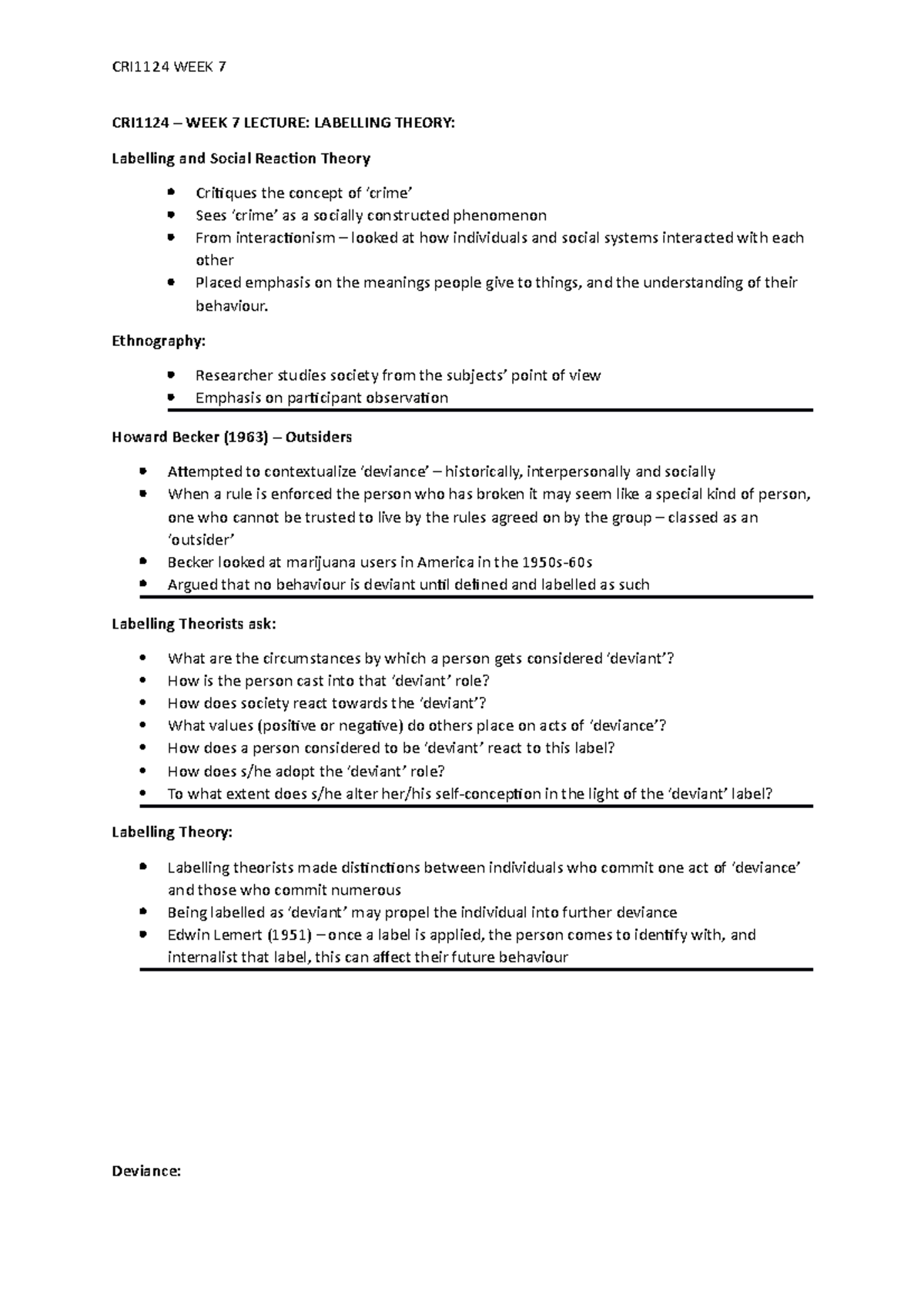 CRI1124 - WEEK 7 Notes - Mike Smith - Labelling Theories - CRI1124 WEEK ...