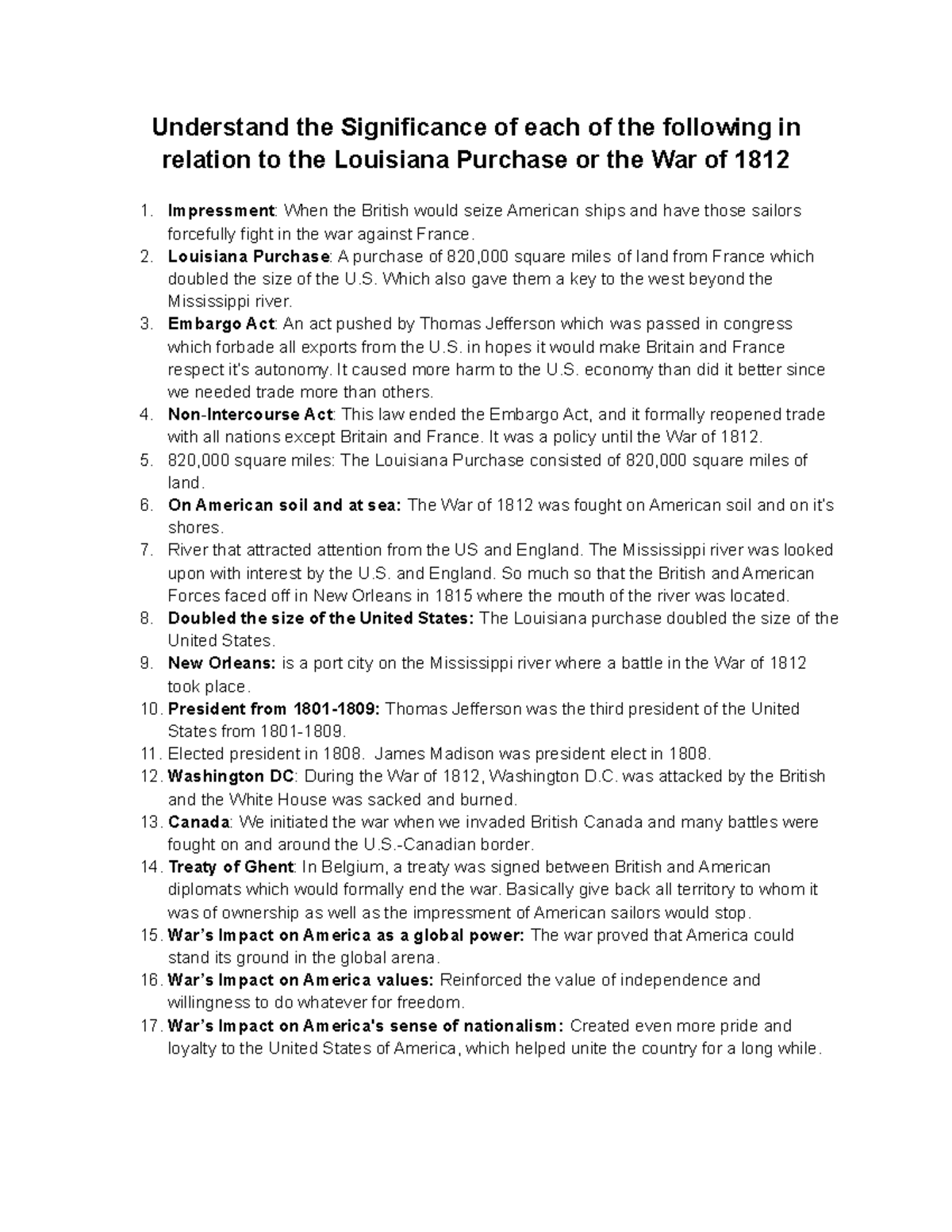 Review Guide Louisiana Purchase and War of 1812 - Understand the ...