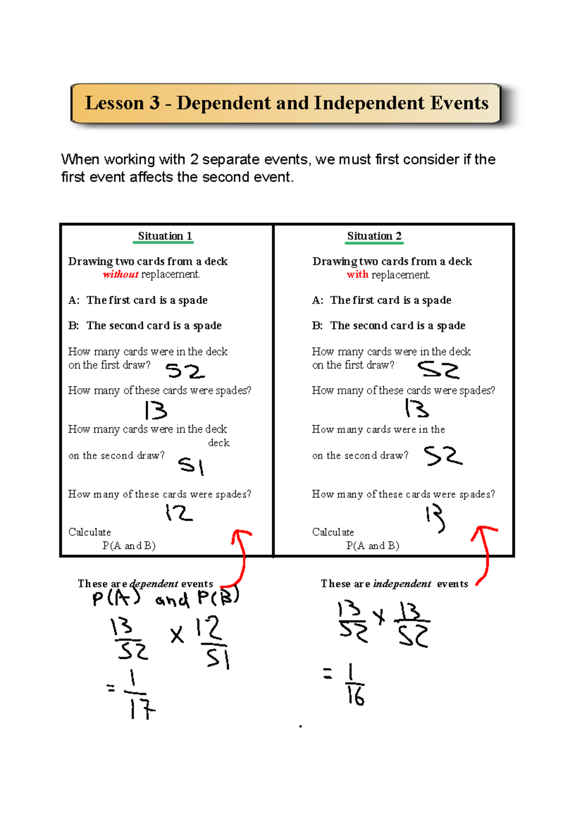 Ch4 probability Indep and Depend Events - Lesson 3 ­ Dependent and ...