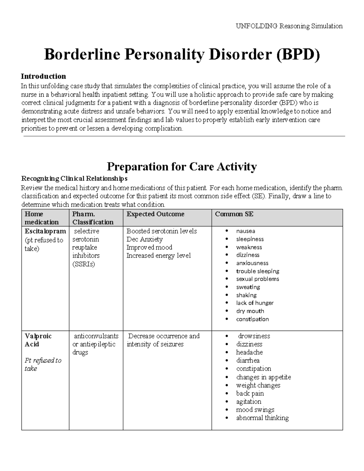 Case Study Student Answer Form - Borderline - Borderline Personality ...
