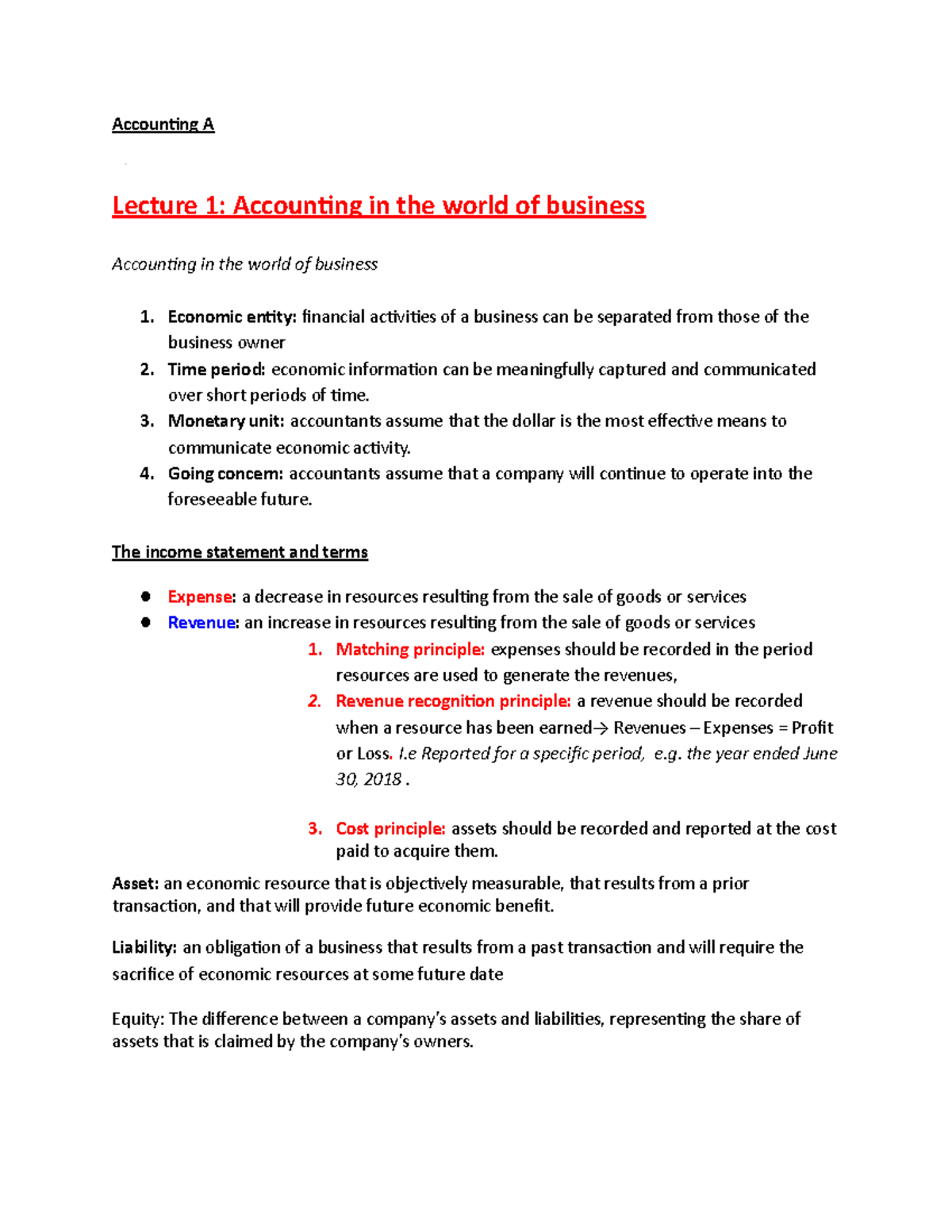 Accounting A notes - Accounting A Lecture 1: Accounting in the world of ...