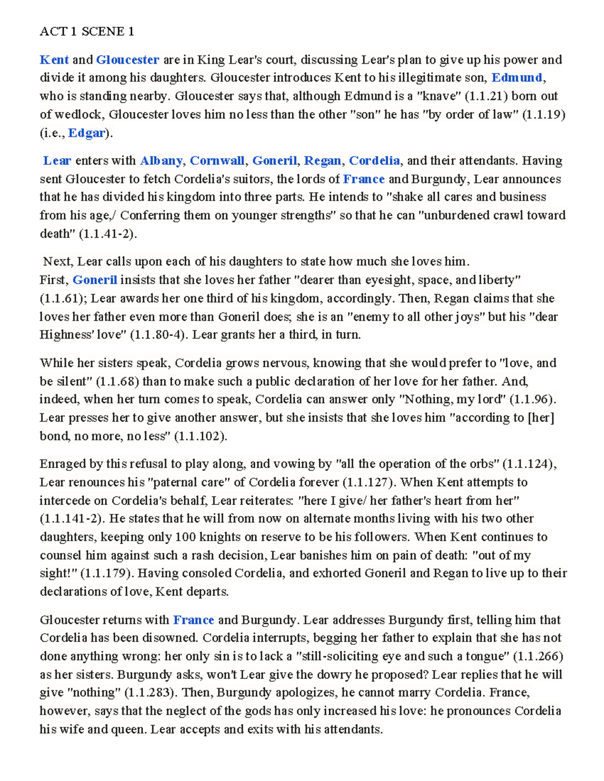 KING LEAR Summary - THIS IS VERY HELPFUL - ACT 1 SCENE 1 Kent and ...