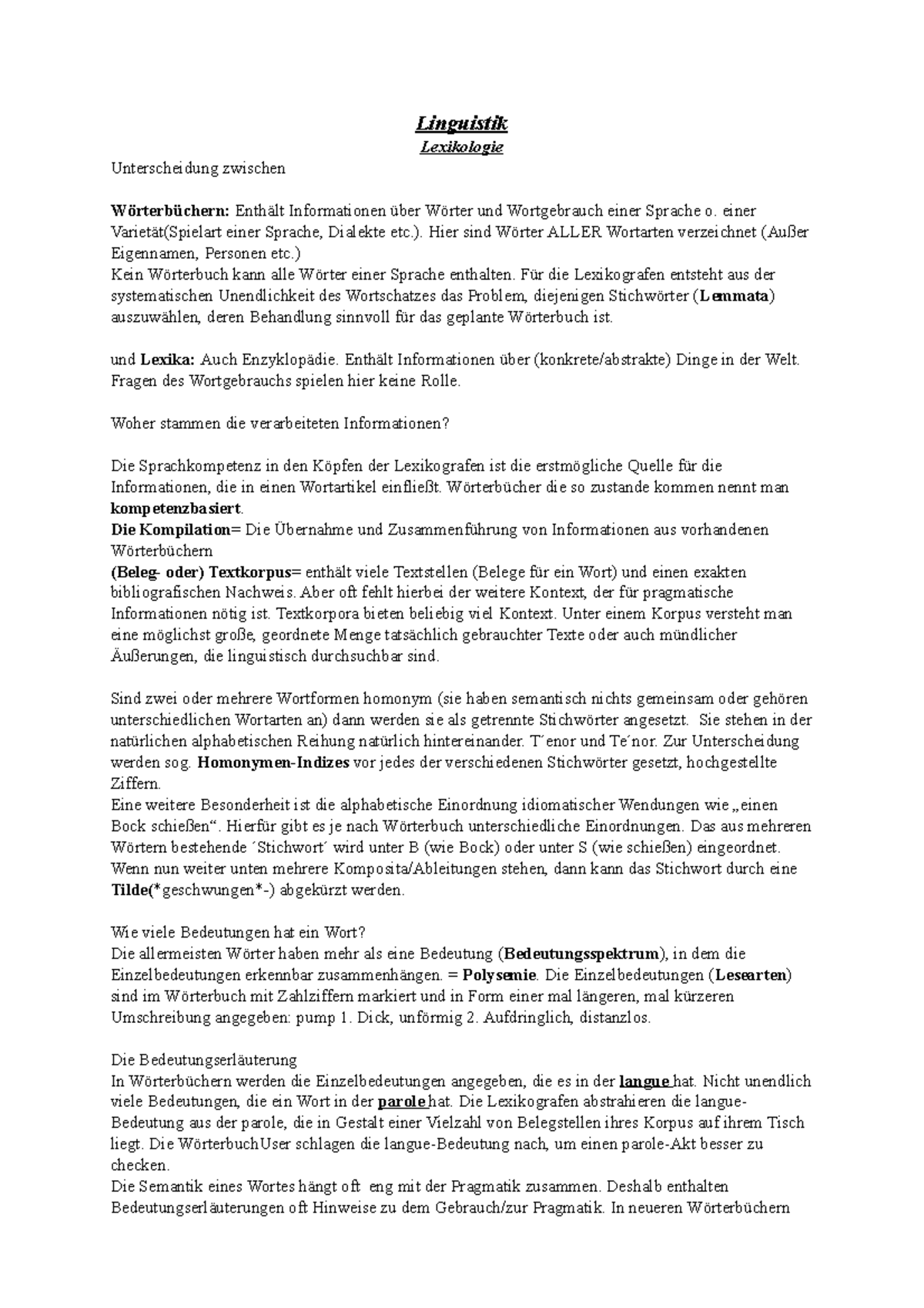 Linguistik Lexikologie - Linguistik Lexikologie Unterscheidung zwischen ...