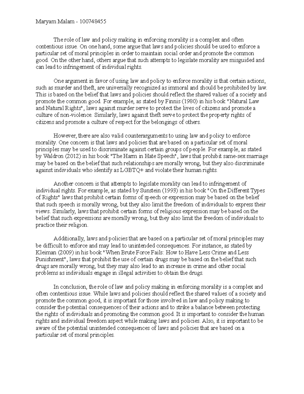 Reflection 2 - Maryam Malam - 100748455 The role of law and policy ...