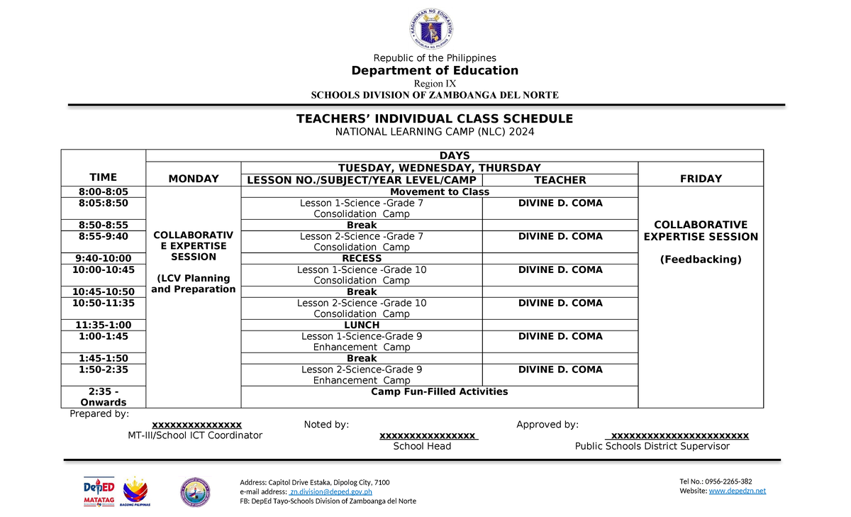Individual Class Schedule NLC2024 - Address: Capitol Drive Estaka ...