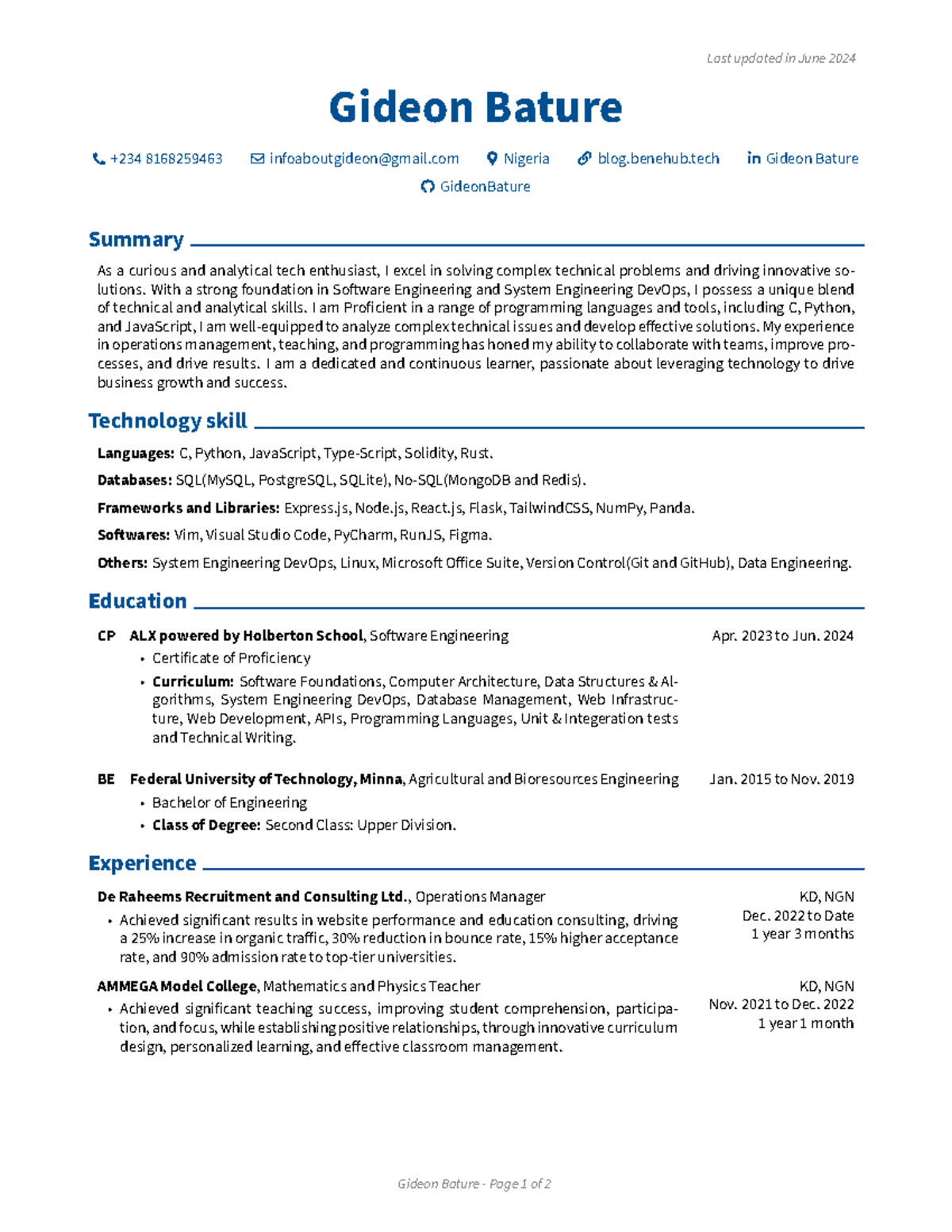 Gideon Bature - CV - Cv for students - Gideon Bature +234 8168259463 # infoaboutgideon@gmail ...