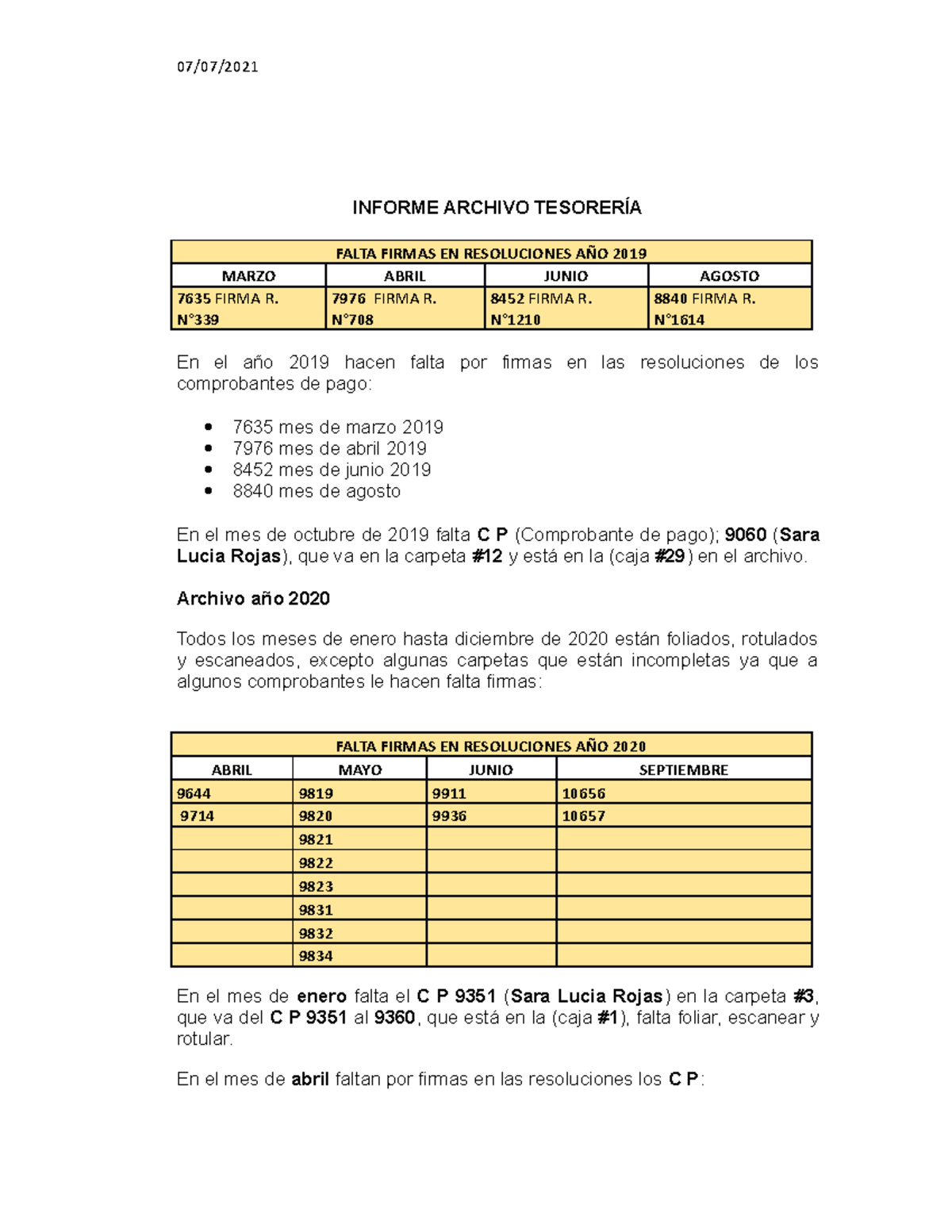 Informe Archivo Tesorería - INFORME ARCHIVO TESORERÍA FALTA FIRMAS EN ...