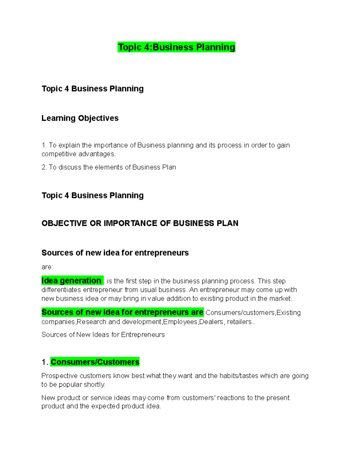 Business Planing I - Topic 4:Business Planning Topic 4 Business ...