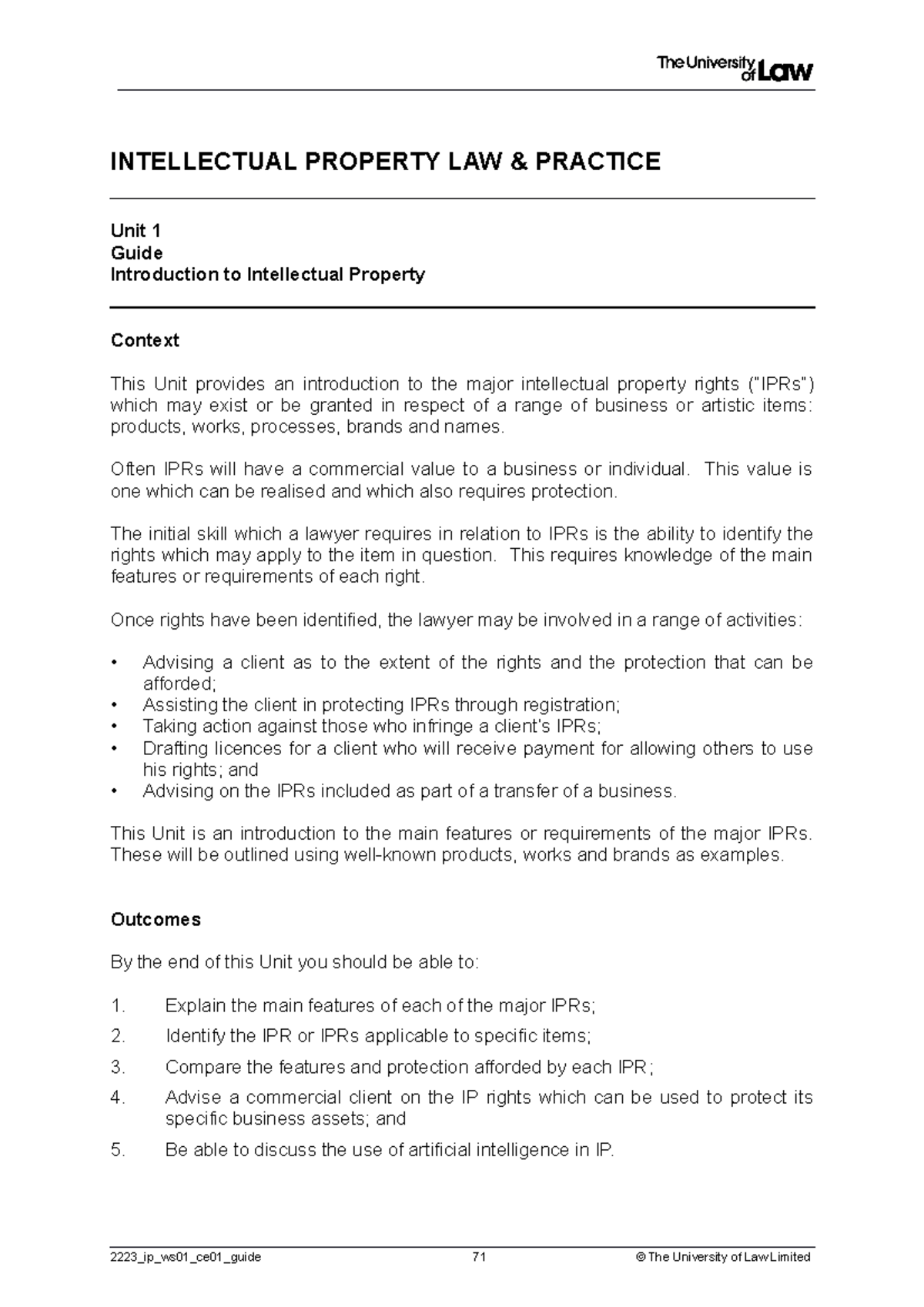 IP WS1 Guide - INTELLECTUAL PROPERTY LAW & PRACTICE Unit 1 Guide Introduction to Intellectual ...