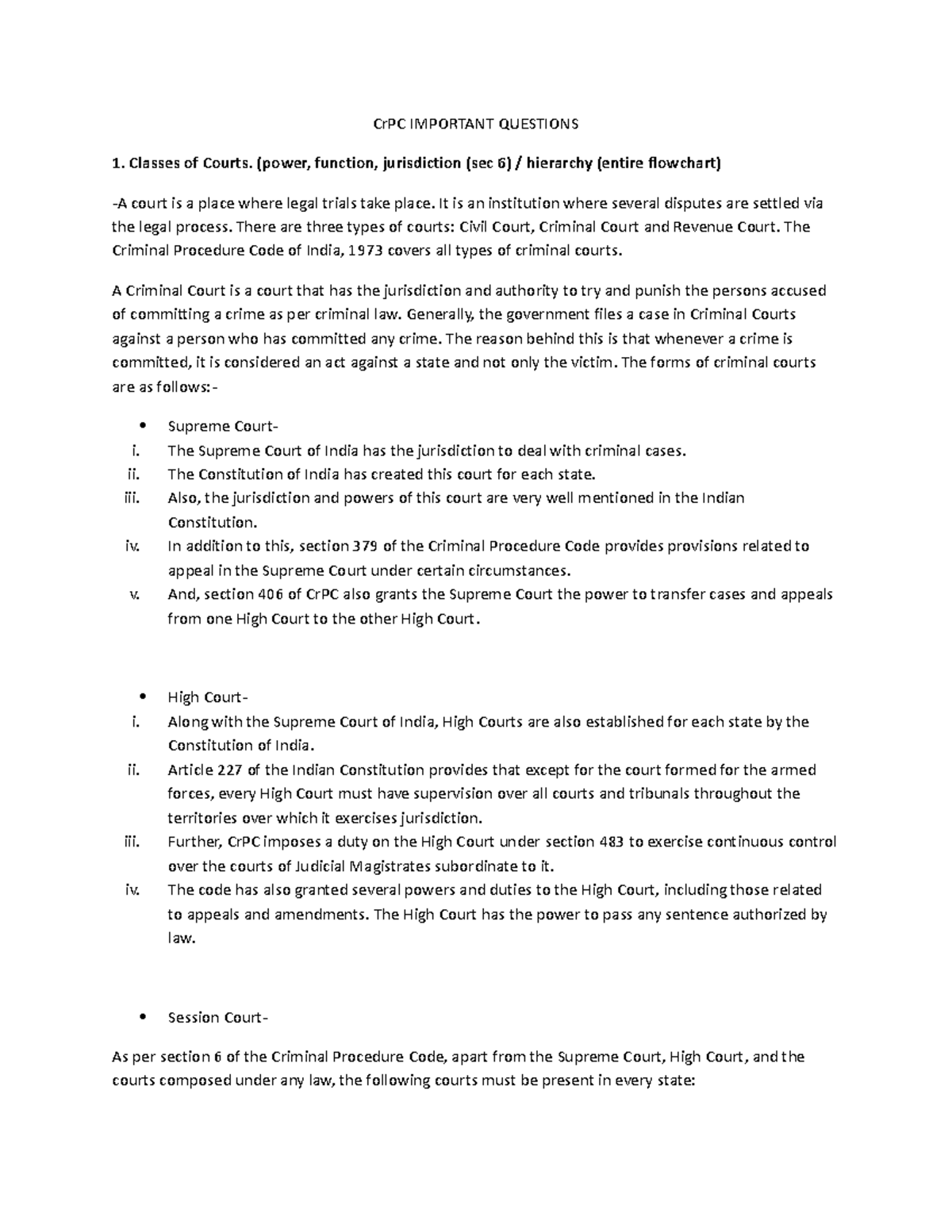 Cr PC Important Questions - CrPC IMPORTANT QUESTIONS Classes of Courts ...