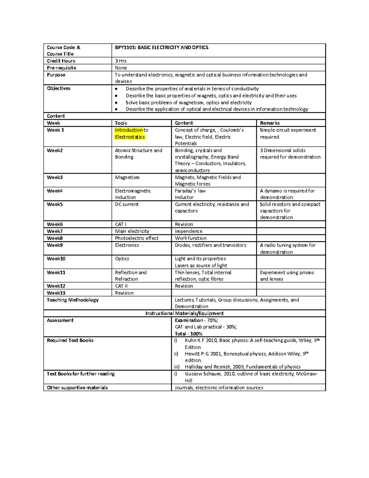 1. Basic Electricity Optics Course Outline - Course Code & Course Title ...