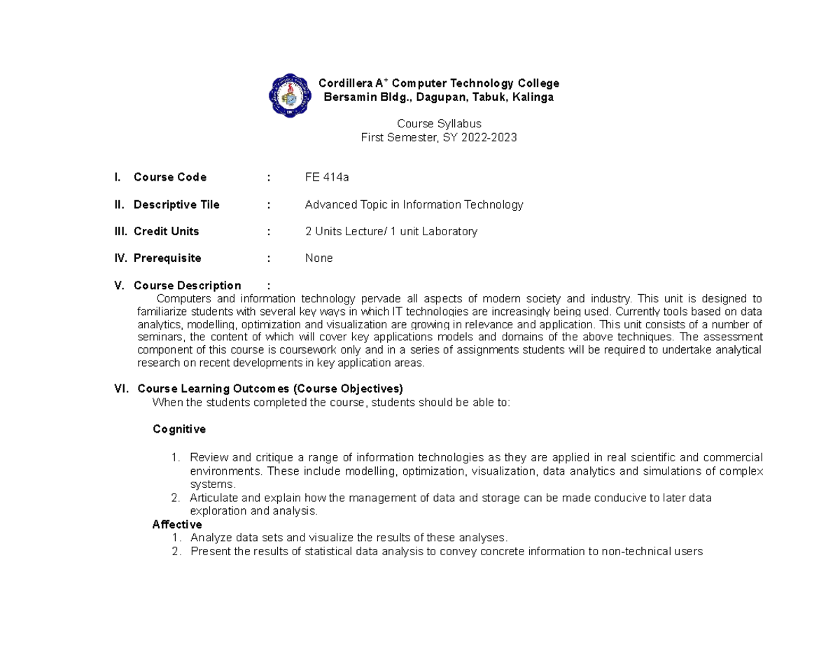 Advancced Topic in IT - Course Syllabus - Cordillera A+ Computer ...