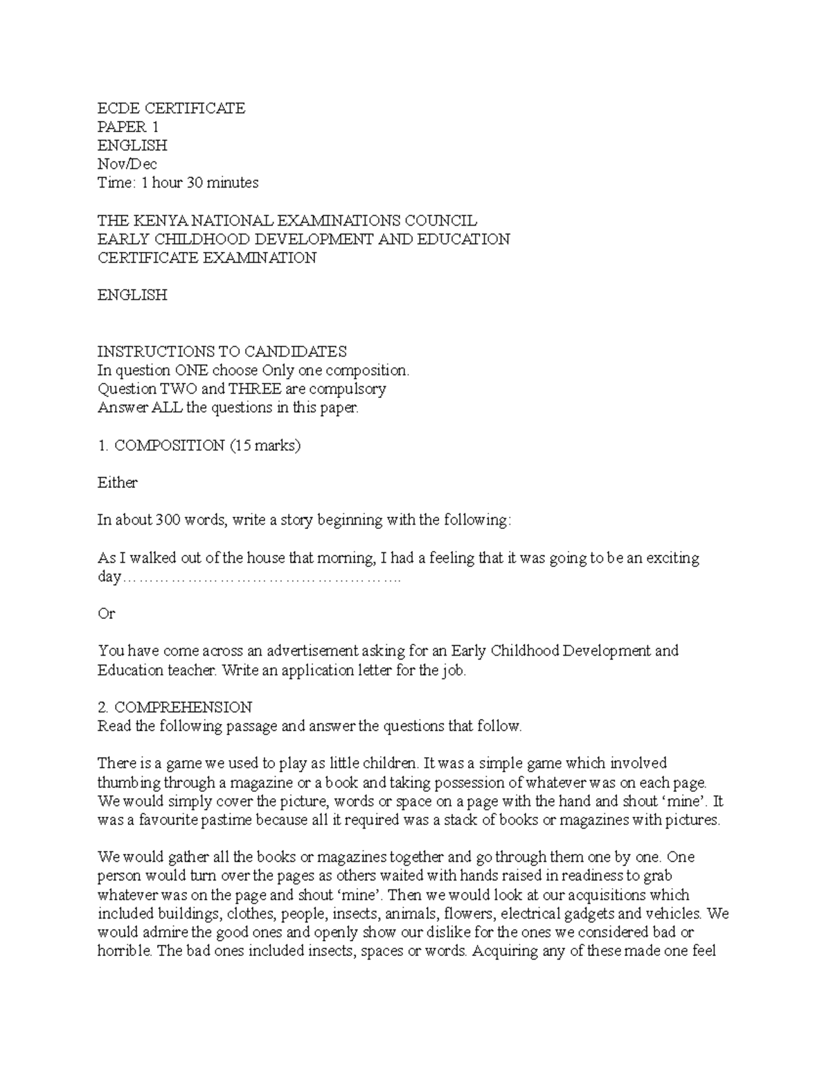 Ecde English-Teacher - Good - ECDE CERTIFICATE PAPER 1 ENGLISH Nov/Dec ...