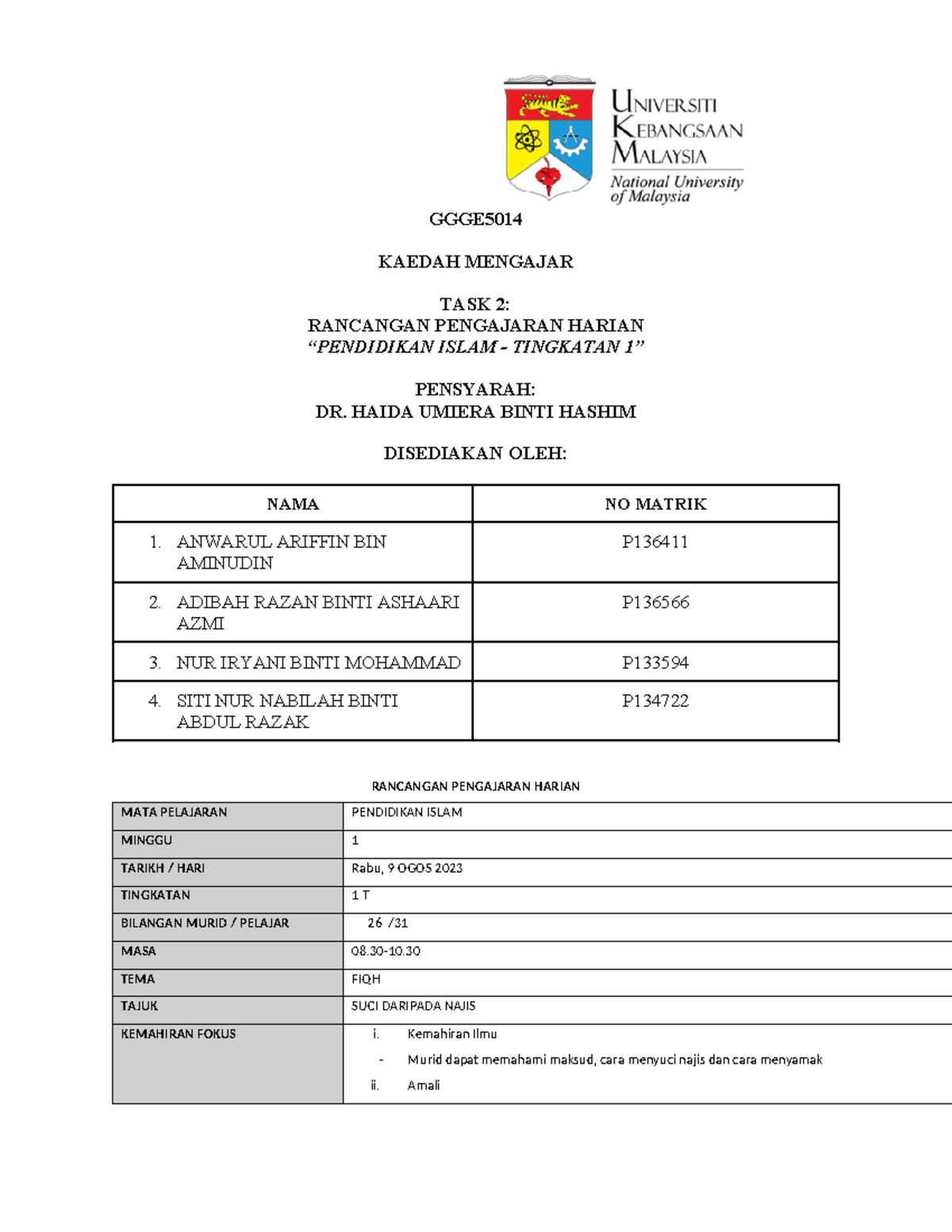 TASK 2 RPH ( Subjek Kaedah Mengajar) - GGGE KAEDAH MENGAJAR TASK 2 ...