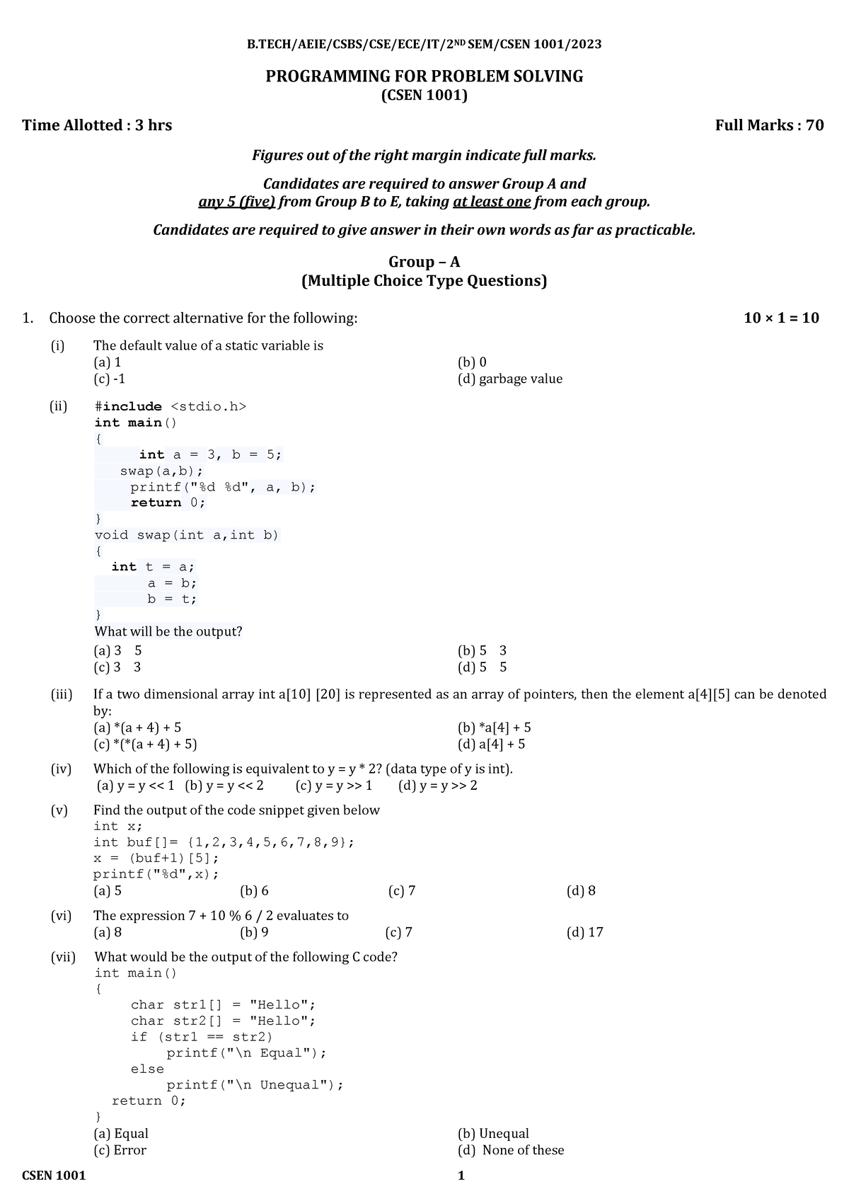 Programming FOR Problem Solving-CSEN 1001-2023 - B/AEIE/CSBS/CSE/ECE/IT ...