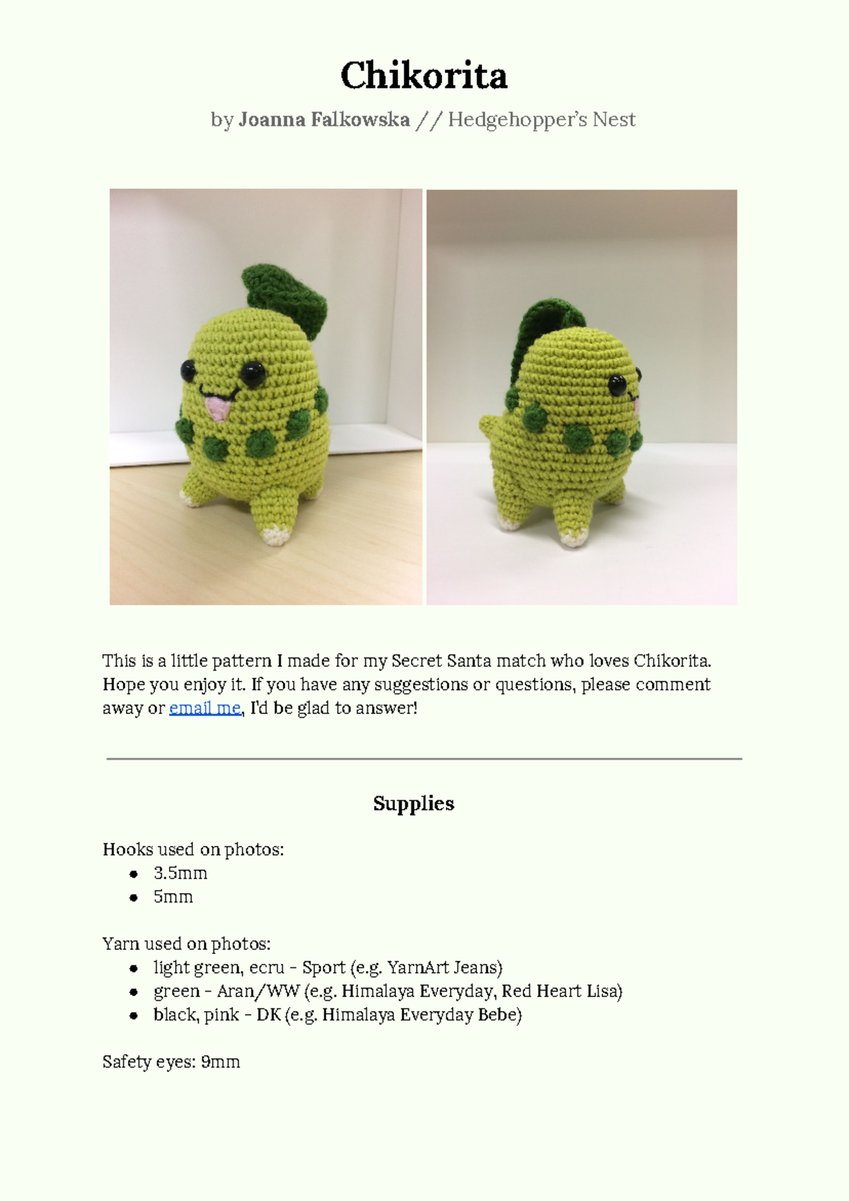 Chikorita - pattern - Hedgehopper s Nest - Chikorita by Joanna ...