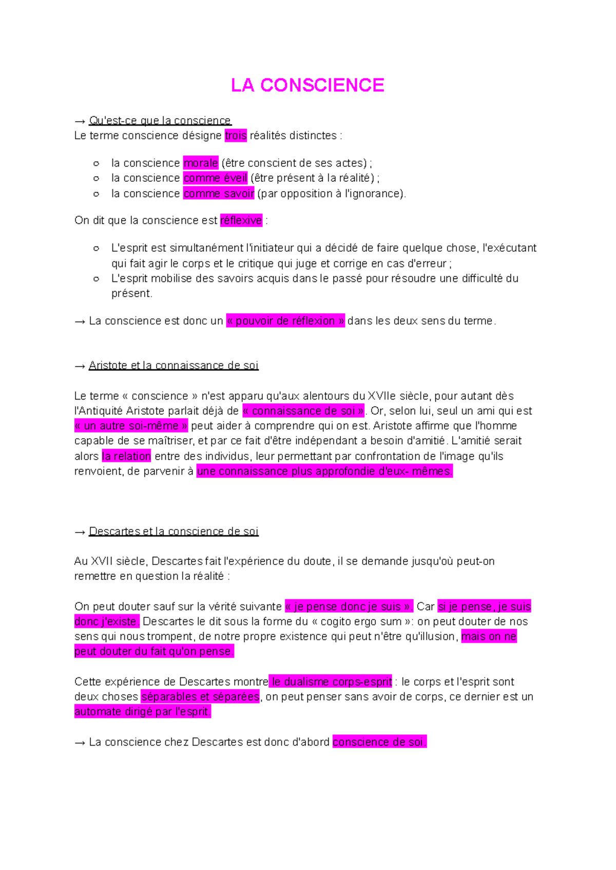 LA Conscience - LA CONSCIENCE → Qu'est-ce que la conscience Le terme conscience désigne trois ...