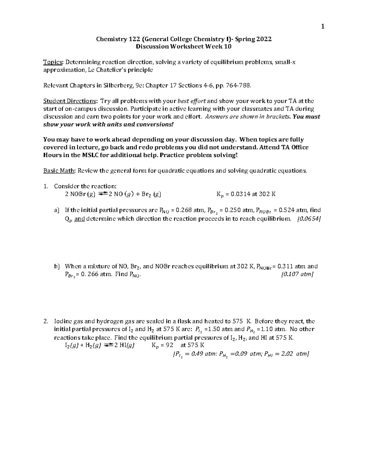 Chem 122 Discussion worksheet week 10 Spring 2022 - 1 Chemistry 122 ...