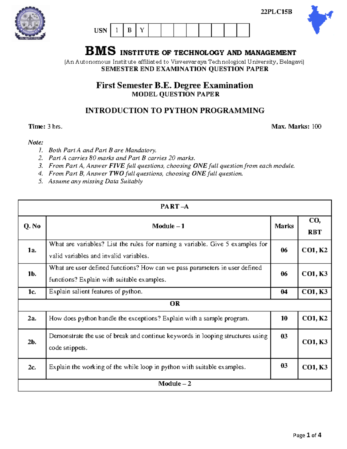 22PLC15B - Model Question Paper - USN 1 B Y BMS INSTITUTE OF TECHNOLOGY ...