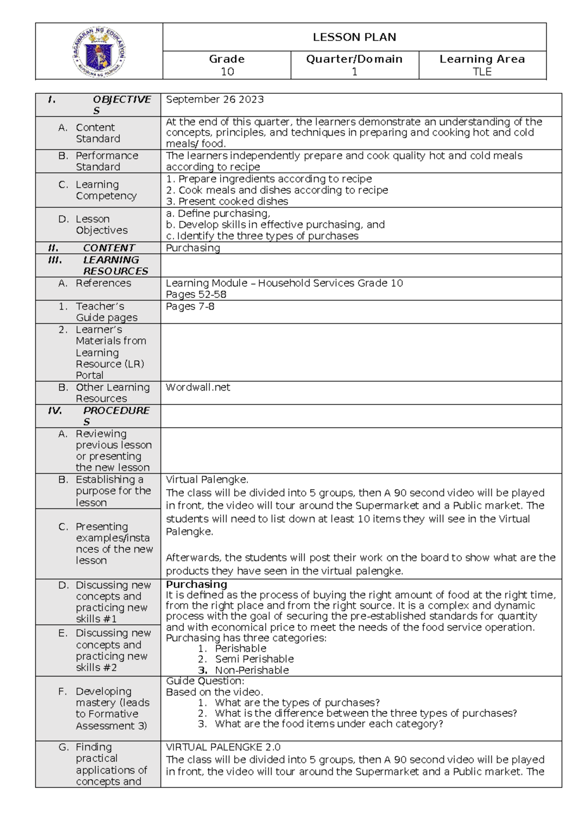 Leson plan - none - LESSON PLAN Grade 10 Quarter/Domain 1 Learning Area ...