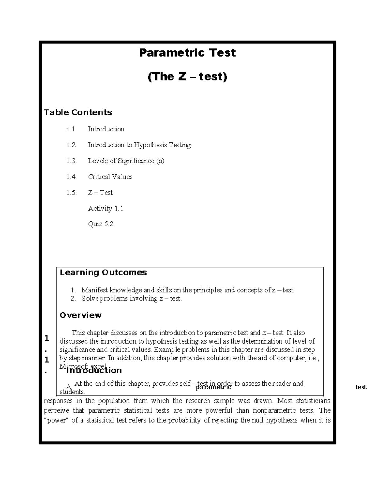 Parametric-TEST ( The Z-Test) - Parametric Test (The Z – test) Table ...