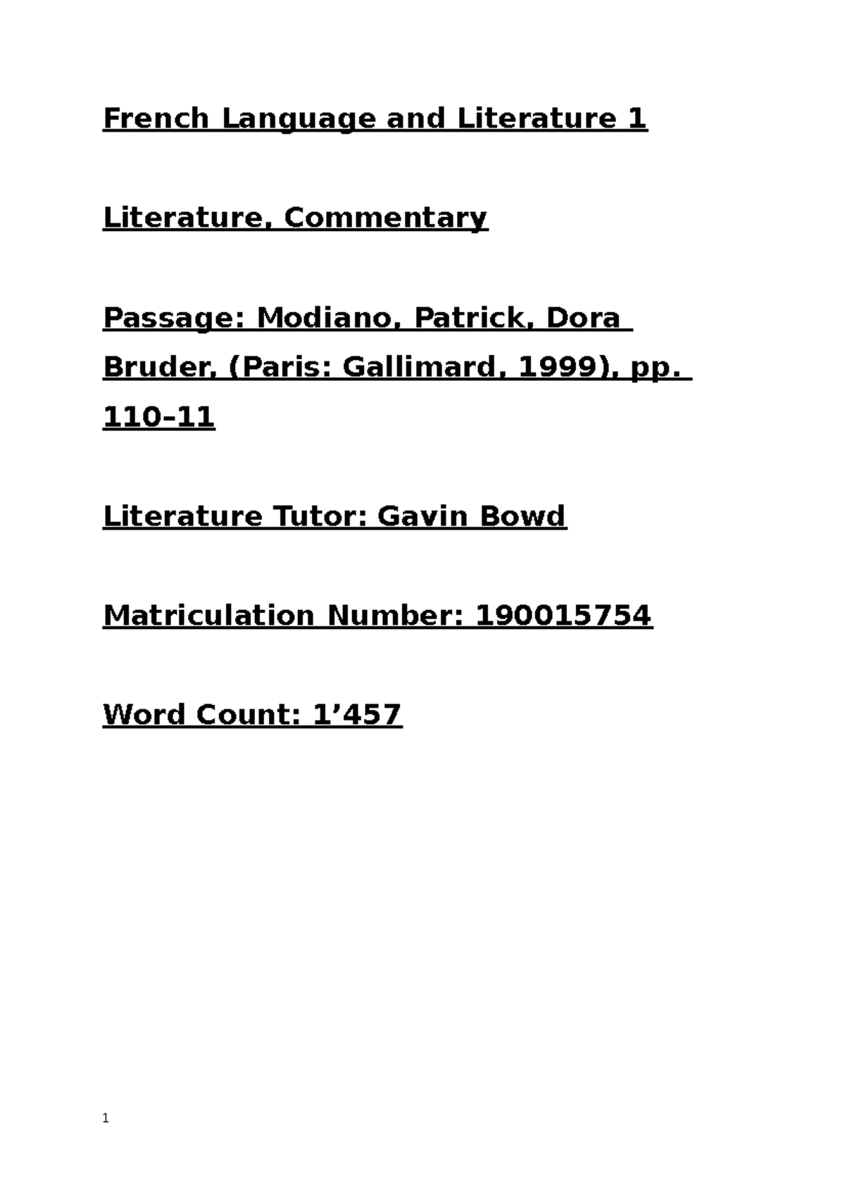 French Language and Literature 1 - 110– Literature Tutor: Gavin Bowd ...
