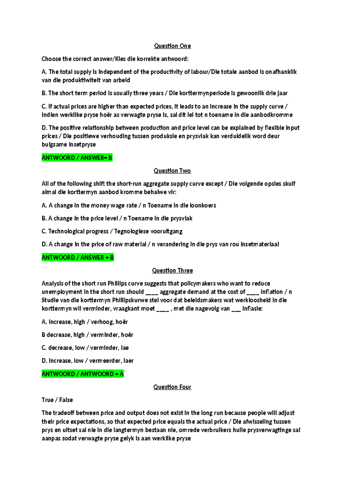 Multiple Choice - questions for exams and class tests - Question One ...