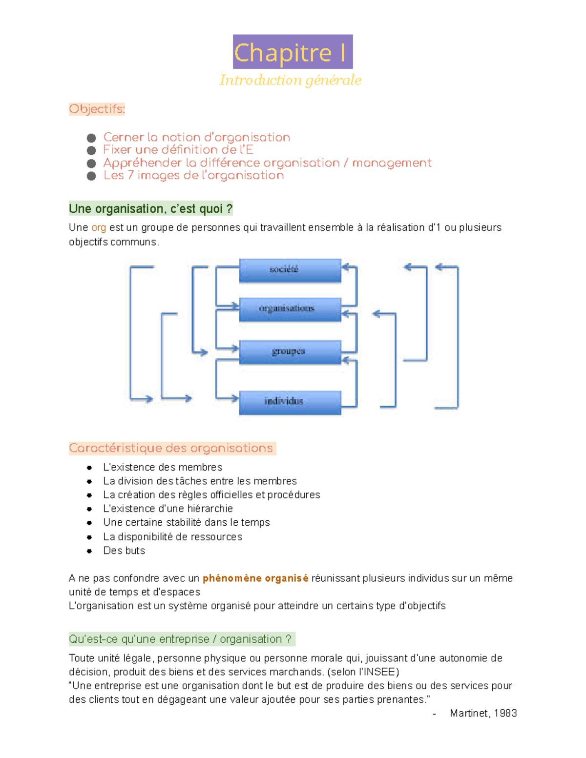 Chapitre I - Chapitre I Introduction générale Objectifs: Cerner la notion d’organisation Fixer ...