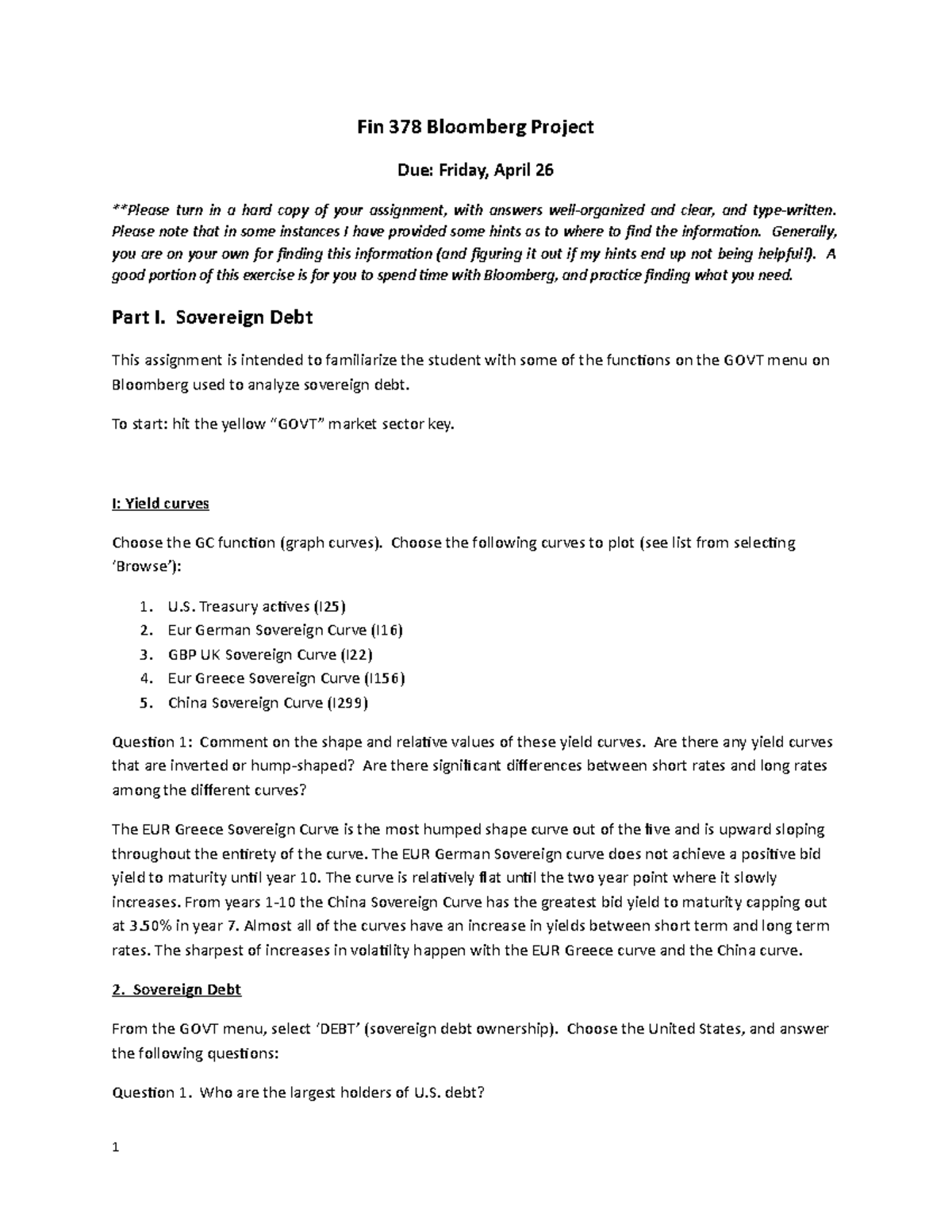 Bloomberg Project - Spring 2019 - Fin 378 Bloomberg Project Due: Friday ...