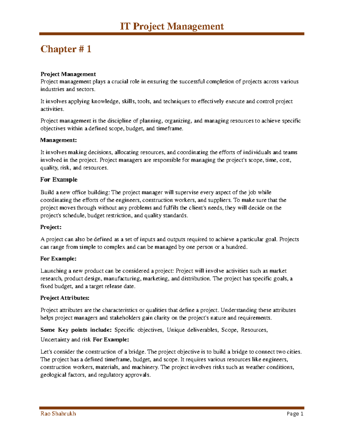 IT Project Management Syllabus - Chapter # 1 Project Management Project ...