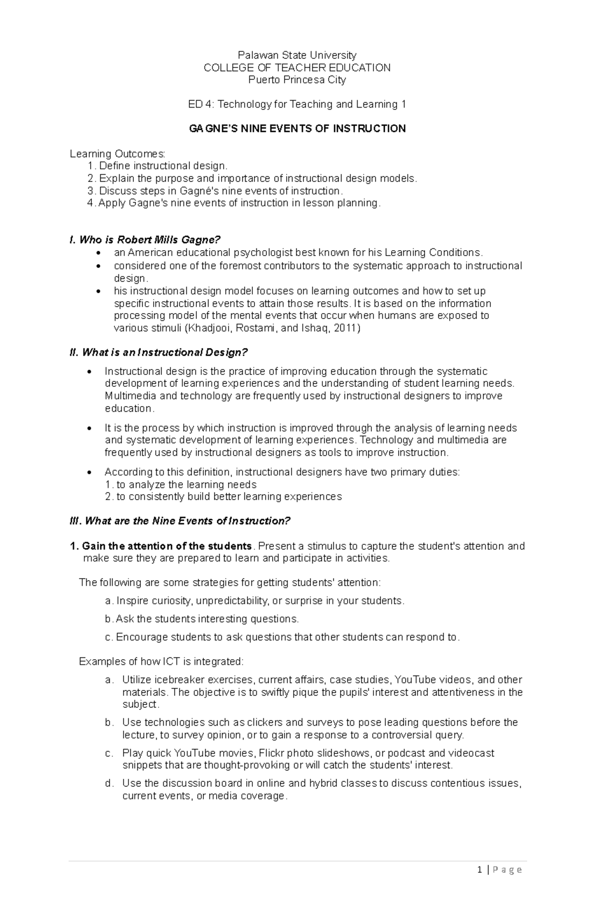 Gagne's Nine Events Handout - Palawan State University COLLEGE OF ...