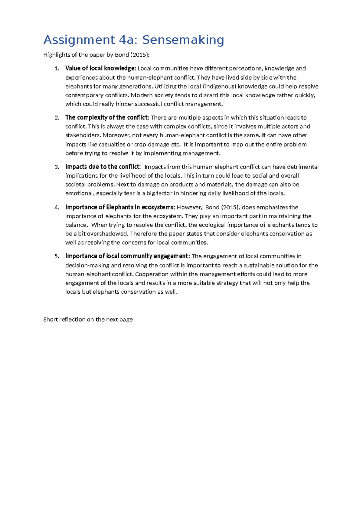 Assignment 4a FNP32306 - Assignment 4a: Sensemaking Highlights of the paper by Bond (2015): 1 ...