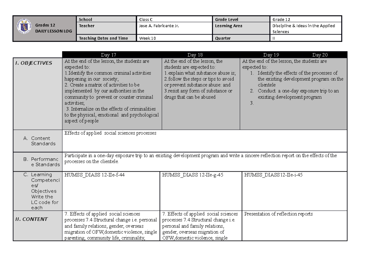 DLP Diass Q2 Week e-f - Effects of Applied Social Sciences Substance Abuse - Grades 12 DAILY ...